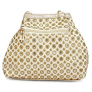 Indian Ethnic Designer Embroidered Silk Potli Bag Batwa Pearls Handle Purse (Golden-3)