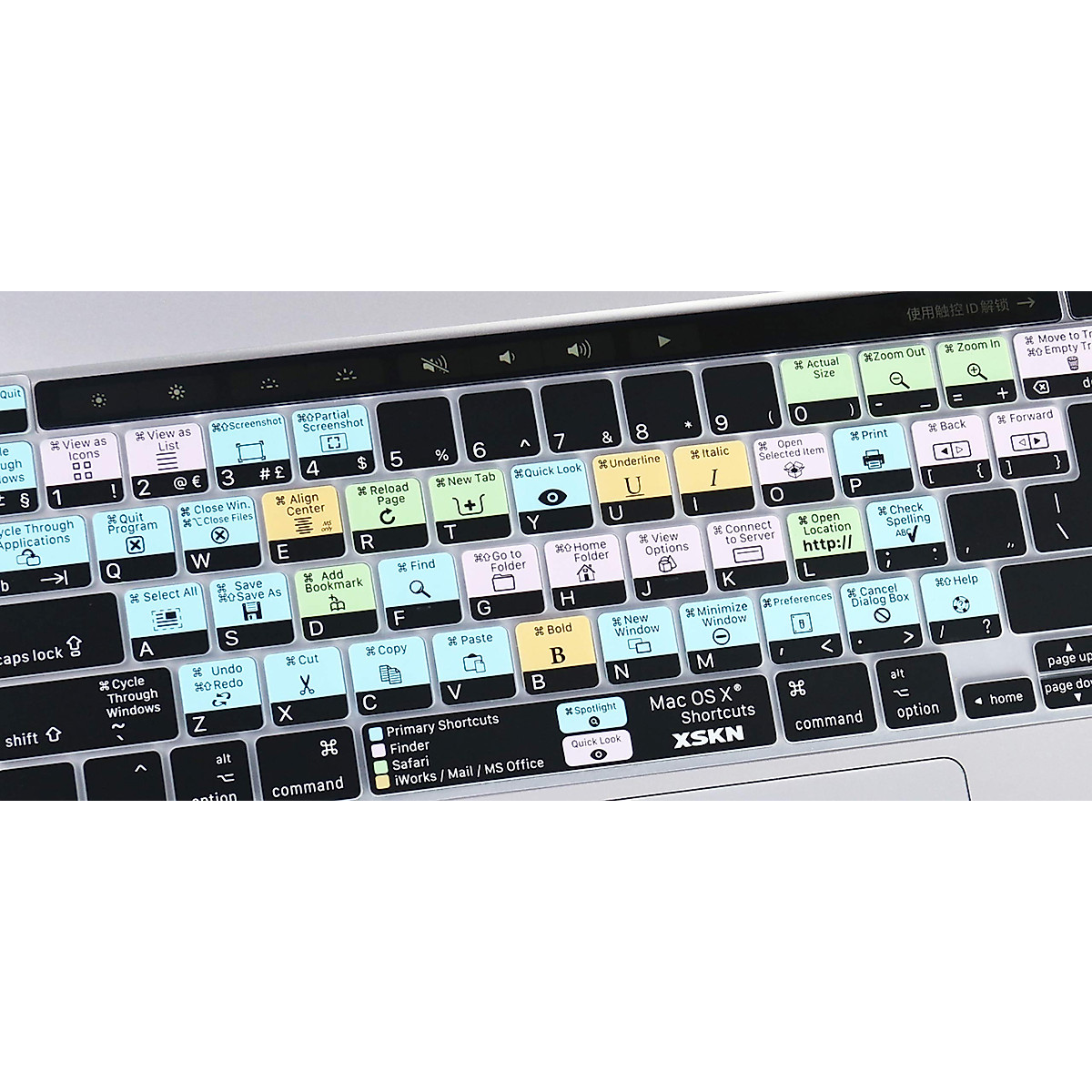 XSKN Mac OS X Silicone Shortcut Keyboard Cover Skin for 2019 New MacBook Pro 16 inch A2141 and 2020 New MacBook Pro 13.3 inch A2338 M1 A2251 A2289 with Touch Bar & Touch ID US and EU Common Version