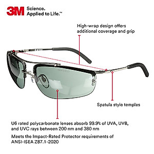 3M Safety Glasses, Metaliks, ANSI Z87, Anti-Fog, Gray Lens, Polished Metal Frame, Adjustable Bridge
