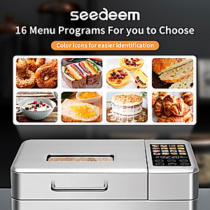 SEEDEEM 16-in-1 Bread Machine, 2.2LB Stainless Steel Bread Maker with Fruit and Nut Dispenser, Nonstick Ceramic Pan, 3 Crust Colors & 3 Loaf Sizes, Touch Panel, Recipes, Silver