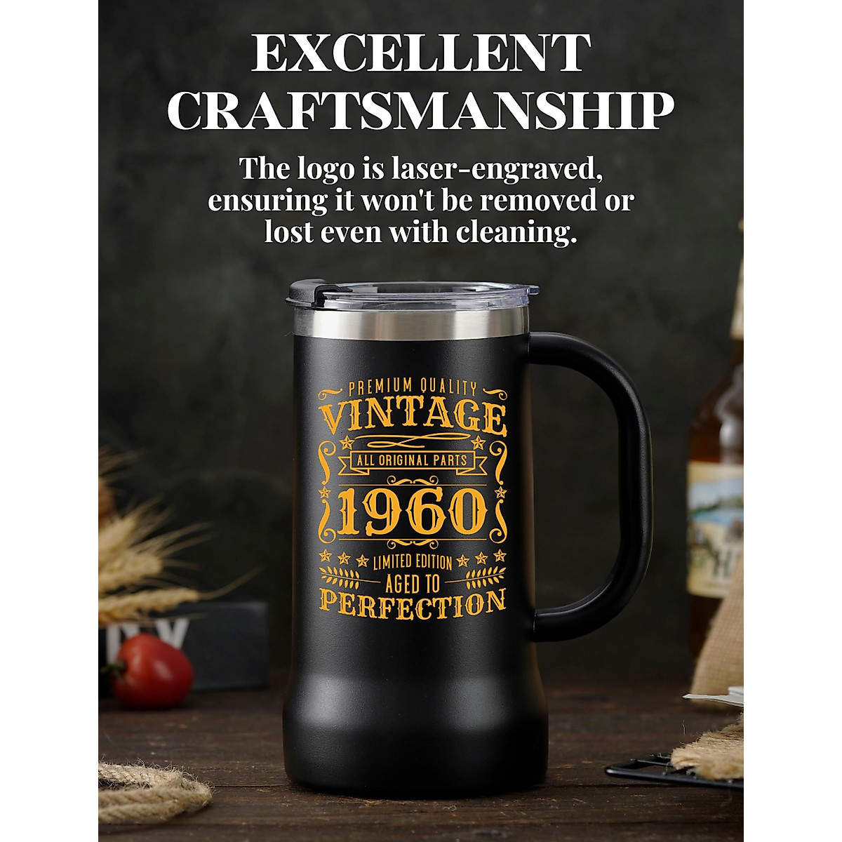 Onebttl 65th Birthday Gifts for Men, Dads, Grandfathers, Granddads, Husband, Vintage 1960 Birthday Gifts 24oz Stainless Steel Beer Stain Mug, Black