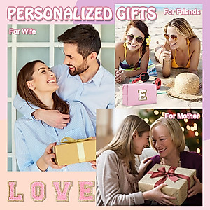 Personalized Chenille Letter Preppy Patch Makeup Bag, Small Pink Travel Cosmetic Bag Initial Toiletry Zipper Pouch Monogram Makeup Storage, Waterproof Makeup Case Travel Essentials for Women(Letter E)