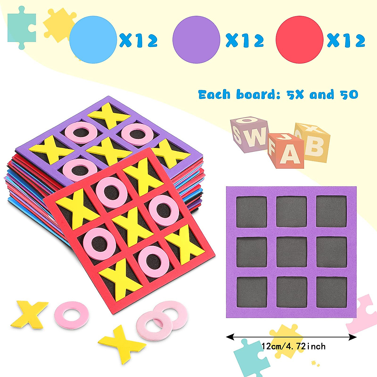 Tic Tac Toe - (Pack of 36) Foam Tic-Tac-Toe Mini Board Game for Kids - for Birthday Party Favors, Goody Bag Fillers, End of Year Gifts for Students (Blue, Purple, Red)