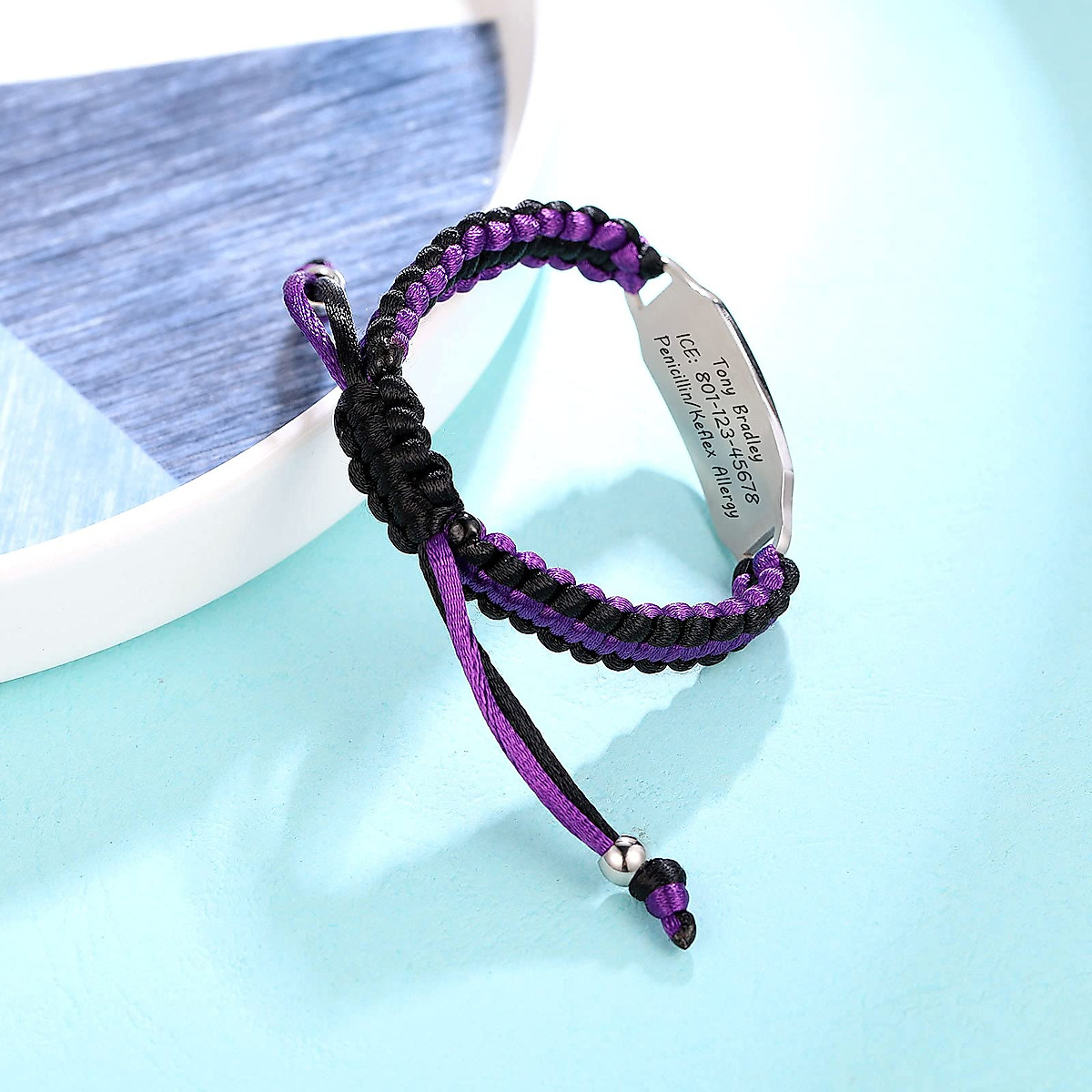 Medical Alert Bracelets for Women Personalized | Custom Medical Alert ID Bracelets Free Engraved | Tow-tone Purple&Black Polyester Rope Hand-made Braided Bracelet, Adjustable (6.5-8.5 inches)