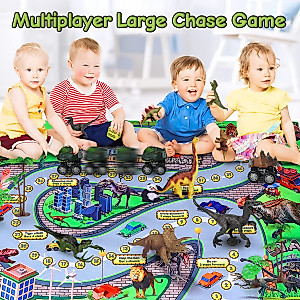 SHIRLIN Dinosaur Toy Figure w/ Activity 46''× 32'' Large Play Mat & Trees, Educational Realistic Dinosaur Playset Including Triceratops Velociraptor Gifts for Kids Boys & Girls