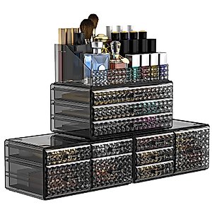 Awenia 4 Pack Stackable Makeup Organizer[Upgraded],Acrylic Cosmetics Storage Large Capacity with 11 Drawers For Brush Holder,Perfume or Jewelry Display,Plus Size| Ship from USA(Gray)