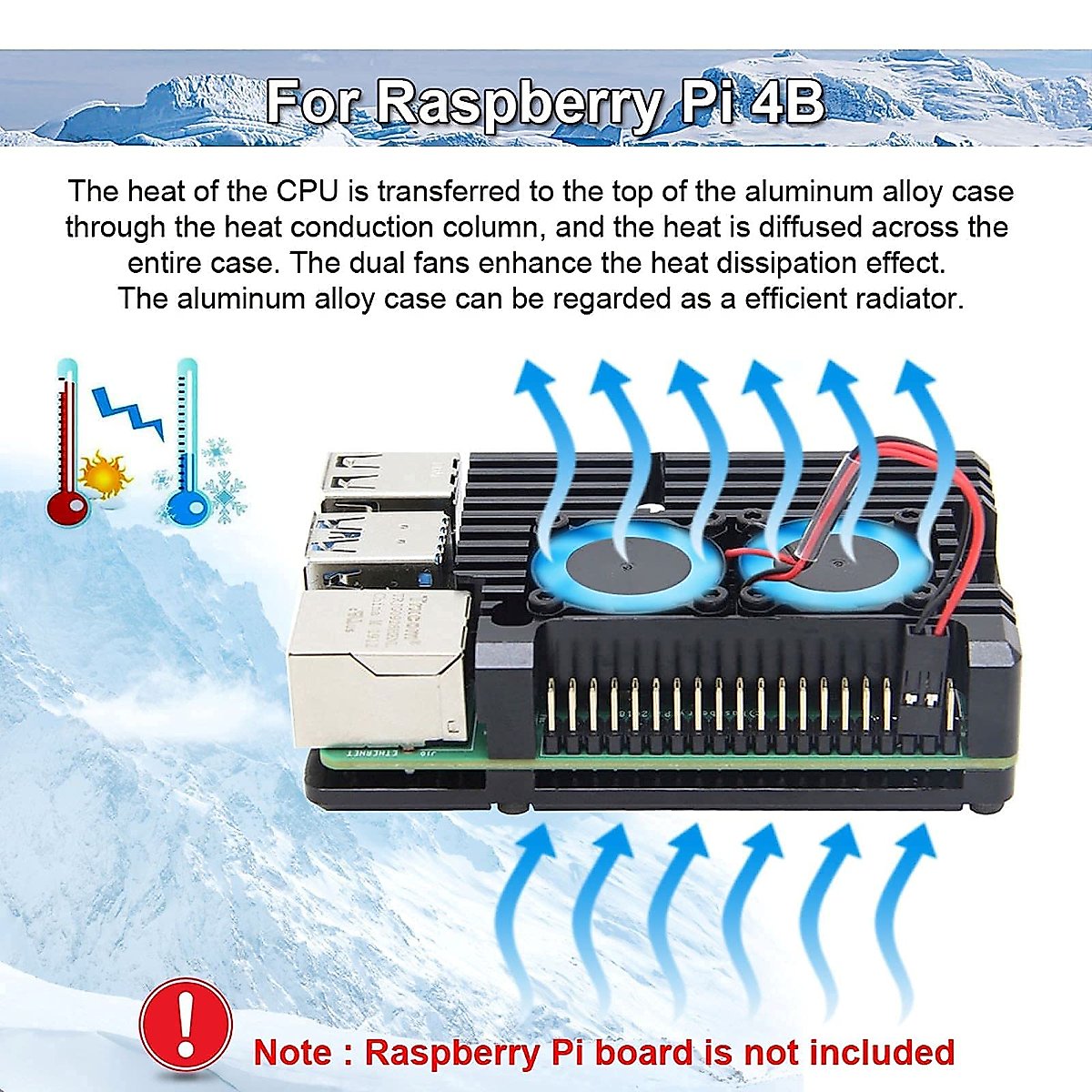 Generic Double Fan Cooling Raspberry Pi 4 Case, Raspberry Pi 4B Aluminum Alloy Case with Intelligent Temperature Control Dual Fan, Built-in Radiator, Rust Protection for Raspberry Pi 4 Model/Pi 4B