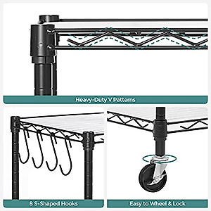 SONGMICS 5 Tier Garage Shelving, Wire Shelving Unit, 43.3 x 13.8 x 65.4 Inches, Adjustable Metal Shelves, 5 Plastic Liners 8 Hooks, Mobile Storage Shelves, Pantry Kitchen Basement, Black ULGR015B01