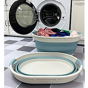 SAMMART 39L (10.3 Gallons) Collapsible Plastic Laundry Basket - Oval Tub/Basket - Foldable Storage Container/Organizer - Portable Washing Tub - Space Saving Laundry Hamper (2, Grey/Sterling Blue)