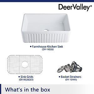 DeerValley Farmhouse Sink, 30" L x 18" W Single Bowl Farm Kitchen Sinks, White Farmhouse Kitchen Sink Apron Front Gloss Farm Sink Ceramic Drop in Apron Front Sink with Accessories