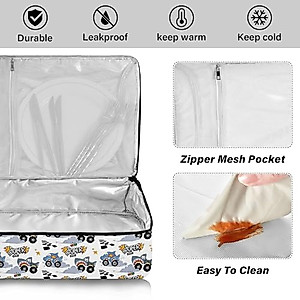 Kcldeci Insulated Thermal Food Carrier Insulated Casserole Carrier for Hot or Cold Food,Monster Truck Race with Shark and Dolphin Insulated Tote Bag for Potluck Cookouts Parties Picnic,Lasagna Lugger