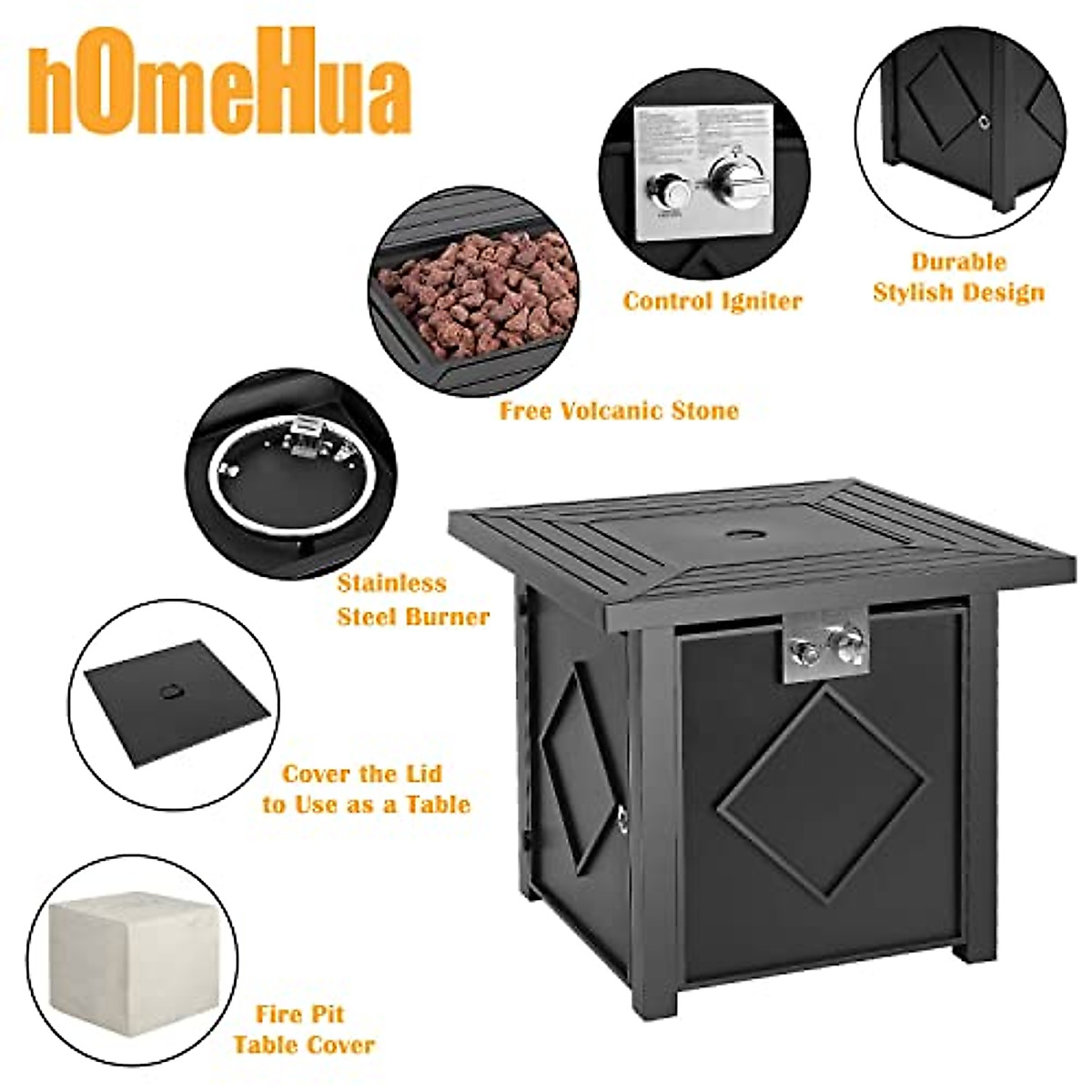 Gas Fire Pit Table, hOmeHua 28 inch Square Auto-Ignition Outdoor Propane Firepit with Cover and Lava Rock,Thick & Strong Striped Steel Tabletop,2 in 1 Fire Table for Patio/Backyard/Party/Deck (Black)