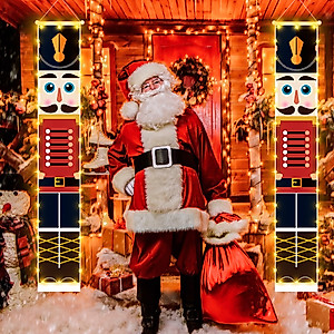 Christmas Decorations Banners with String Lights, Nutcracker Xmas Party Decor, Life Size Soldier Model Nutcracker Banners for Outdoor/Indoor Home Front Door, 600D Fabric Porch Sign