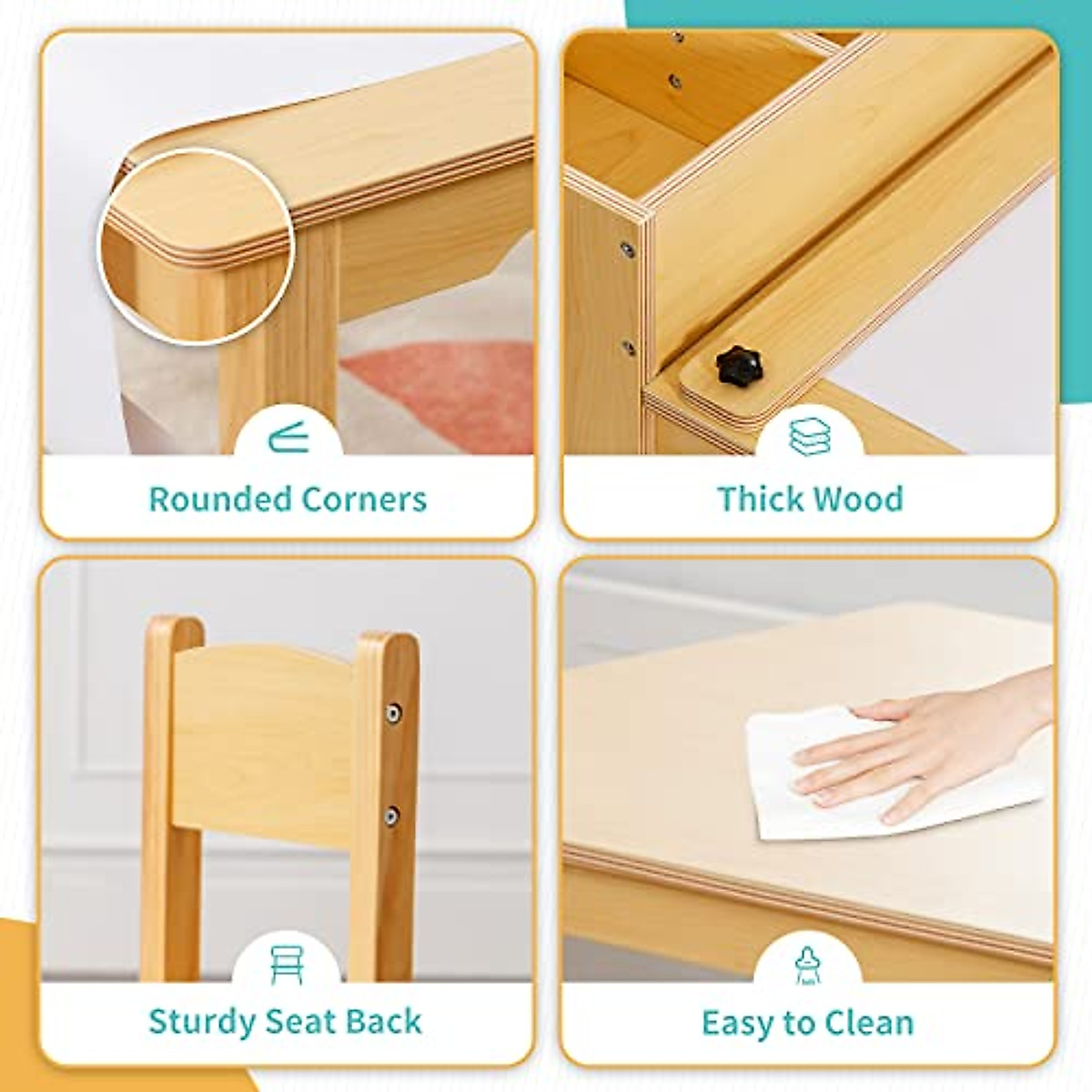 Kids Art Table, Wooden Kids Craft Table for Playroom, Kids Activity Table with 2 Chairs, 4 Storage Baskets, 2 Rows of Storage Racks and Paper Rolls (Wood)