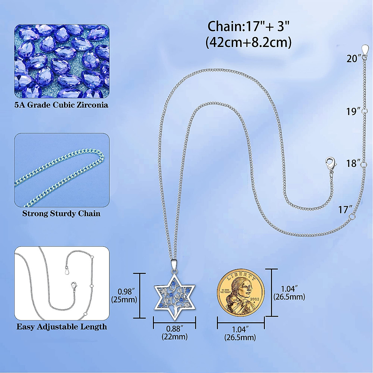 Jewish Necklace For Women Star Of David Tree Life Sterling Silver Cubic Zirconia Hannukah Judaism Judaica Yahuah Mezuzah Chai Hebrew Spiritual Birthday Jewelry Mom Mother Day Valentine Christmas Gifts