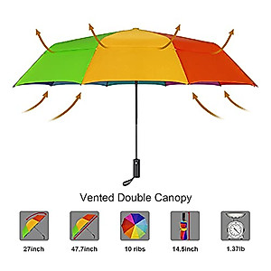 Lejorain Large Golf Umbrella Windproof - Oversized 54inch Double Layer Rainbow 10Ribs Folding Travel Umbrella Compact Auto Open Close for Rain Women/Men