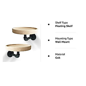 Round Oak Solid Wood Rustic Floating Shelves, Deep Wall Hanging Shelf with Metal Industrial Pipe Brackets, 7.1 inches Diameter. Room Home Décor, Kitchen, Bedroom, Bathroom Storage (2 Pack)
