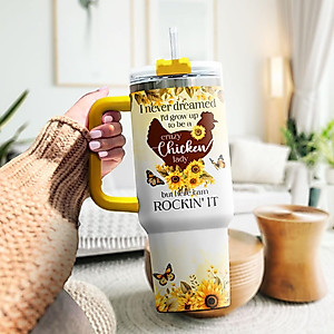 99OWL Crazy Chicken Lady Sunflower, Tumbler 40 Oz With Handle Lid And Straw, Chicken Gifts, Yellow Tumblers Coffee Cups Breed Handle Boss Swig Lovers Spring Women Butterfly