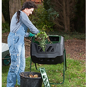 Exaco Trading Company Exaco Mr.Spin Compost Tumbler - 160 Liters / 43 Gallon, Dual Chamber Composter On Two-Leg Stand,Green/Black