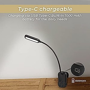 QEZEZA Book Light for Reading in Bed, USB-C Rechargeable Book Light, Reading Light with 16 LEDs, 5 Brightness and 3 Color Modes,1000 mAh Strong Battery Life, 1 Hour Charge for Whole Day Working