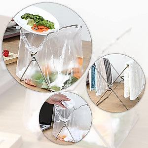 DGHAOP Desktop Trash Bag Holder Dishcloth Towel Rack Foldable Stainless Steel Garbage Bag Shelf