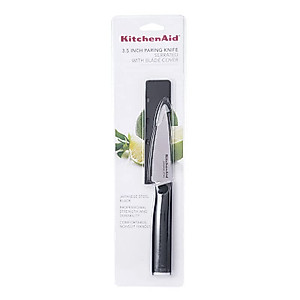 KitchenAid Classic Serrated Paring Knife with Custom-Fit Blade Cover, 3.5-inch, Sharp Kitchen Knife, High-Carbon Japanese Stainless Steel Blade, Black