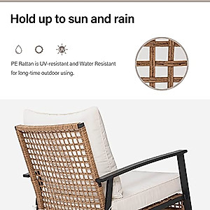 LAUSAINT HOME 3 Pieces Rocking Bistro Set, Outdoor Patio Furniture Set with Thick Cushions and 2-Tier Coffee Table, Oversize Rattan Conversation Sets for Garden, Balcony, Backyard (Beige)