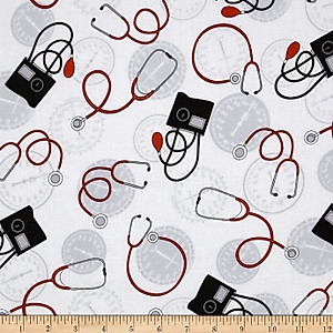 Calling All Nurses Medical Tools White, Fabric by the Yard