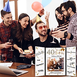 DARUNAXY Black Gold 40th Birthday Party Decorations, Happy 40th Birthday Alternative Signature Guest Book for Men Women 40 Years Old Table Sign Picture Frame Gift 40 Birthday Card Board Party Supplies
