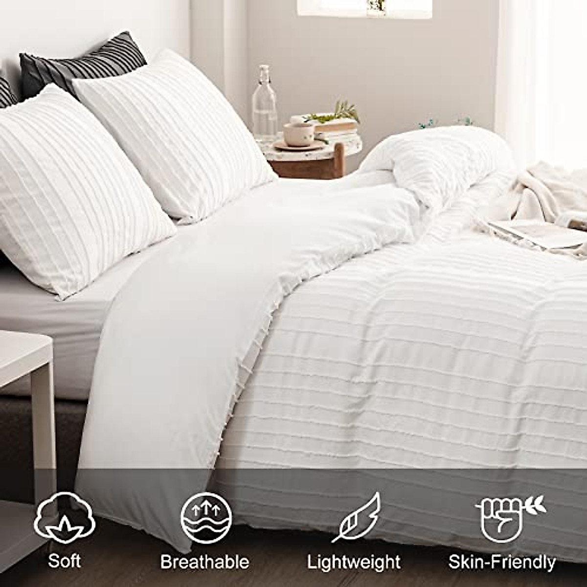 WARMDERN White Boho Duvet Cover Set King Size, Striped Textured Duvet Cover Tufted Bedding Set, 3 Pcs Ultra Soft Washed Microfiber Duvet Cover with Zipper Closure (King, White)