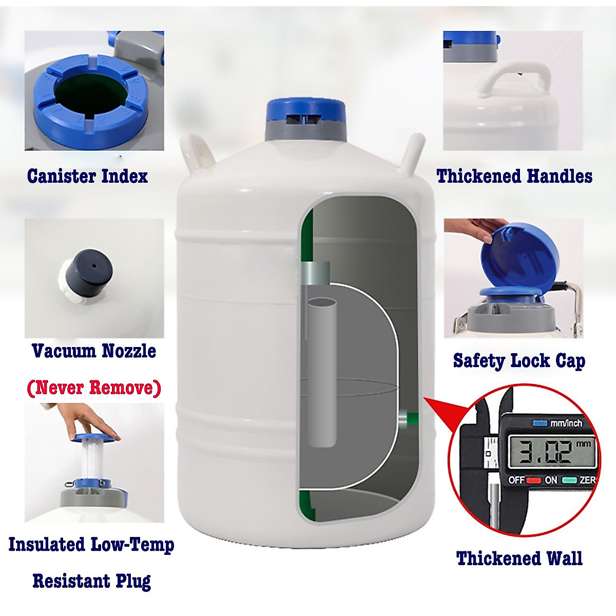 Generic Liquid Nitrogen Tank, 20L Cryogenic Container, Liquid Nitrogen Dewar, Liquid Nitrogen Container with Lock Cap, 6X Canisters & Protective Bag, Mouth Ø50mm, Static Storage 178 Days