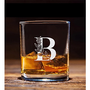 Floral Monogram ' B ' Whiskey Glass - Letter A-Z Engraved - Stemless Whiskey Glass - Gifts For Dad - Mother's Day - Gift For Mom - Gifts For Coworkers