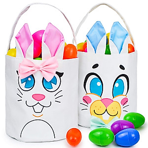 JOYIN 2 Packs Easter Bunny Basket Canvas Bags Set for Easter Eggs Hunt,Gift Baskets Egg Bags for Kids, Kids Party Favor