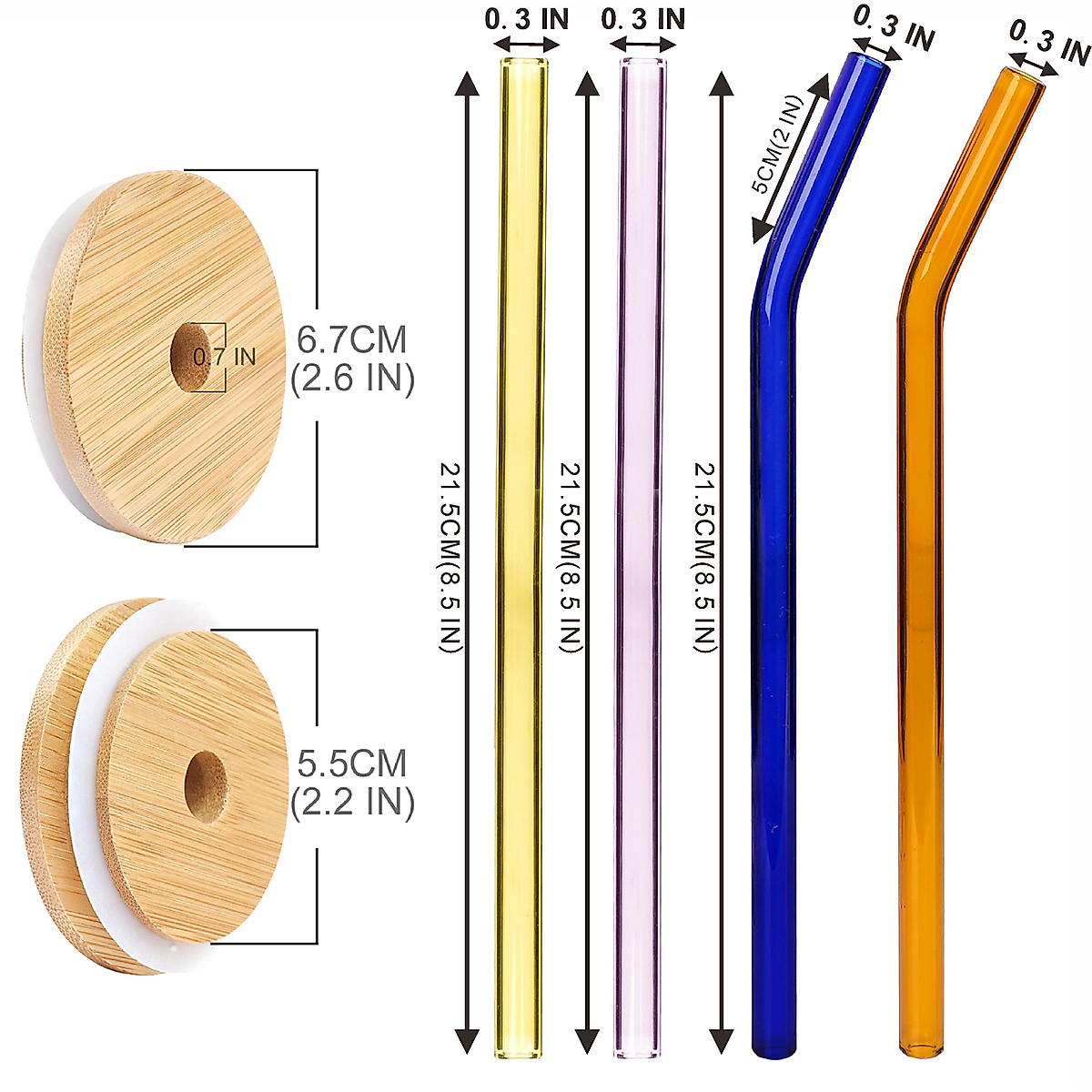 Bamboo Lids for Beer Can Glass, ANOTION Mason Jar Lids with Straw Hole, 4 Reusable Bamboo Mason Jar Drinking Lids for Regular Mouth Mason Jar with 4 Muti-Color Glass Straw for Coffee Boba Cup