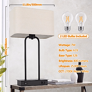 Set of 2 Wireless Charging Touch Control 3-Way Dimmable Table Lamps, Beside Nightstand Lamps for Bedroom with USB Port & AC Outlet, Living Room Office End Table Modern Black Lamps, LED Bulbs Included