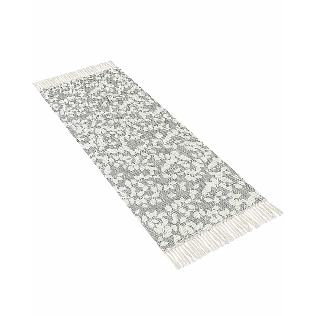 Grey White Botanical Kitchen Runner Rug 2'x4', Washable Woven Cotton Area Rug with Tassels Bathroom Hallway Rug, Pastoral Spring Floral Summer Art Entryway Bedroom Rug Non Slip Throw Rug Carpet