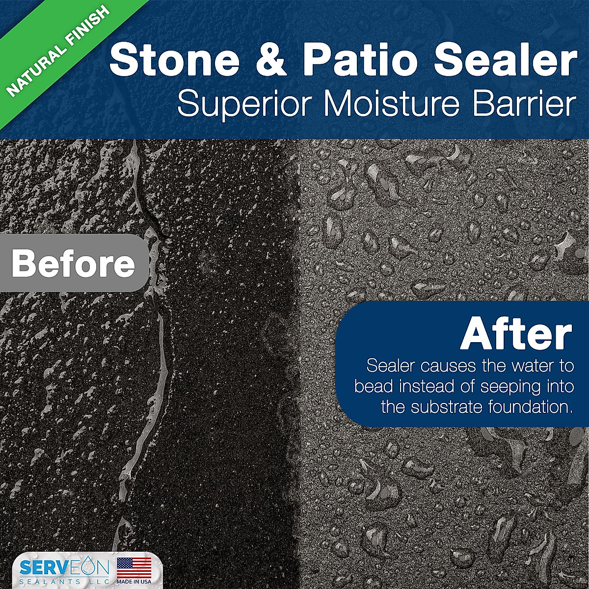 Serveon Sealants Natural Stone Sealer (Clear Natural Finish) Commercial Grade Outdoor Indoor Waterproof Grout Sealer Protects Pavers Pools Patios Decorative Landscape Stones (1 Quart) H2100S