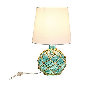 Elegant Designs LT1050-AQU Buoy Rope Nautical Netted Coastal Ocean Sea Glass Table Lamp with White Fabric Shade, Aqua
