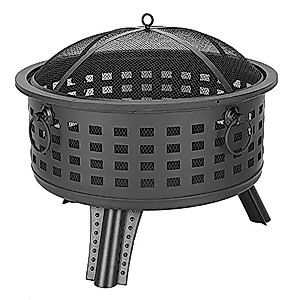 Long & Bright 26 Inch Round Lattice Fire Bowl Wood Burning Fire Pit Decoration for Backyard Garden Black