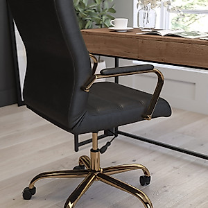 Merrick Lane Milano Contemporary Mid-Back Black Faux Leather Home Office Chair with Padded Gold Arms