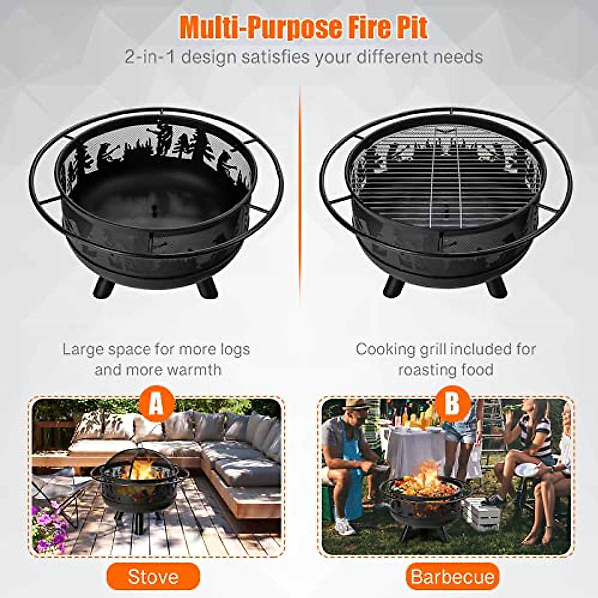 Tangkula Outdoor Wood Burning Fire Pit, 30 Inch Round Fire Pit Bowl w/Fire Poker, Grill & Spark Screen, 2-in-1 Powder-Coated Steel Firepit for Patio, Backyard, Barbecue, Bonfire (Black)