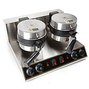 Commercial Dual-Head Rotating Non-Stick Round Belgian Waffle Maker - 1500W 7 Inch Stainless Steel Waffle Iron Machine for Restaurant or Bakery - Temperature and Time Control, 110V