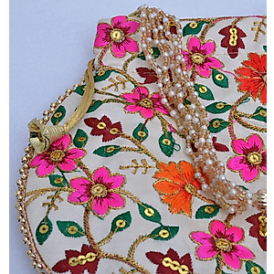 Truesellershop Designer Embroidered Potli Bag for Women Indian Ethnic Printed Silk Batwa Pearls Handle Purse Clutch Evening Party, Wedding, Gifts Her (Design-9), Off White