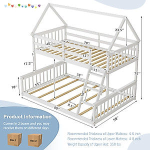 Giantex Wood Twin Over Full Bunk Bed, Solid Wood House Bed Frame Built in Ladder & Safety Guardrails, Convertible to 2 Beds, Floor Bunk Bed for Kids Teens Juniors, No Box Spring Needed, White