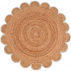 Laxmi Exports 4x4, 5x5, 6x6,feet Natural Jute Scallop Round Rug, Floor Scalloped Edge Rug Braided Boho Eco Large Circular Handmade Area Rugs (WHT_3x3)