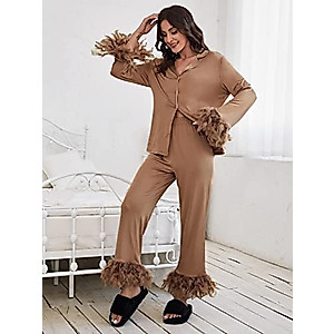WDIRARA Women's Sleepwear 2 Piece Fuzzy Trim Button Down Long Sleeve and Pants Pj Set Camel M