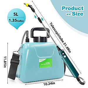 SideKing 1.35 Gallon/5L Battery Powered Sprayer, Electric Sprayer with USB Rechargeable Handle, Battery Indicator, Garden Sprayer with Telescopic Wand, 3 Nozzles, Adjustable Shoulder Strap (Blue)