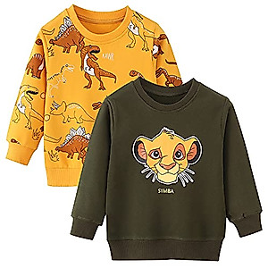 Azalquat Toddler Boys Crewneck Sweatshirt, Cotton Long-Sleeve Pullover Cartoon Print (Yellow Dinosa/Lion, 18-24 Months)