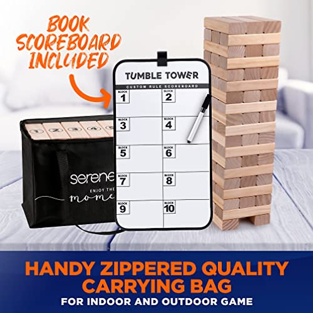 Serene Life 56 PCS Giant Tumble Tower Game - Non-Toxic Pine Wooden Stacking Timber Blocks Set with Zippered Carrying Bag, Book Scoreboard - Classic Jumbo Wood Block Outdoor Game for Kids and Adults