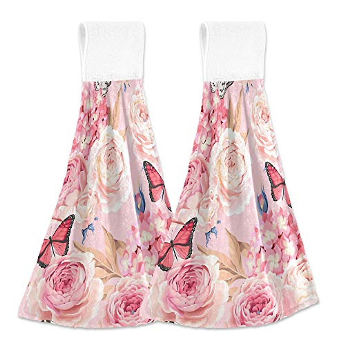 Qilmy Rose Butterfly Kitchen Towel with Hanging Loop, Absorbent Hand Towel Dish Cloth for Kitchen Bathroom Farmhouse Housewarming Home Decor 12 x 17 Inch